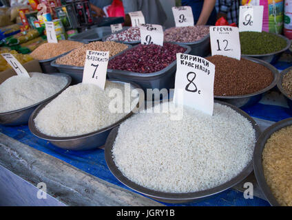Bags of Rice Beans and Sugar, with prices, in a market in Kampala ...