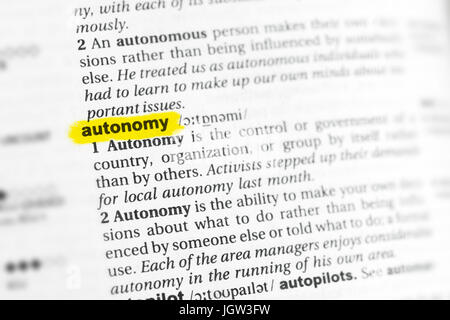 Highlighted English word "autonomy" and its definition in the ...