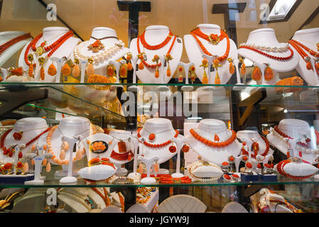 Coral jewellery, a display of coral jewellery on sale in a shop in the ...