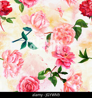 A seamless pattern with watercolor drawings of blooming red and pink ...