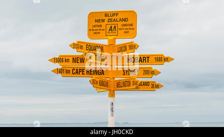 Yellow signs, signpost with different destinations, cities and ...