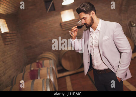 Oenologist tasting wines in cellar Stock Photo - Alamy