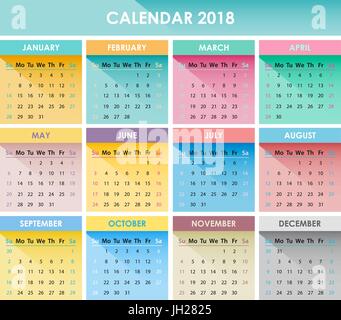 Simple 2018 year calendar, week starts on Monday Stock Vector Image ...