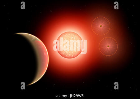 Illustration of the triple star system HD 131399, as seen from a planet ...