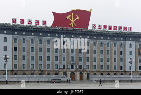 Buildings around Kim Il-Sung square with patriotic slogans, North ...