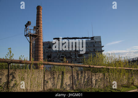 Destroyed steel frame building warehouse collapsed i-beams structure ...
