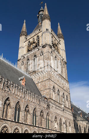 Lakenhal, Cloth Hall, market, old town of Ypres, with the Belfry Tower ...