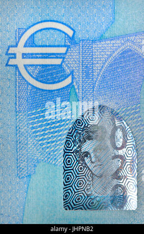€20 banknote detail showing anti-forgery security features - new ...