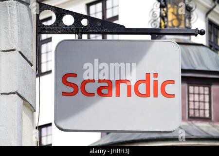 Scandic sign at hotel. Scandic Hotels is a hotel chain headquartered in ...