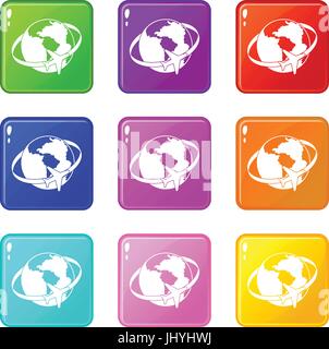 Vacation color icons set. Travelling. Sunny island with palm and sea ...