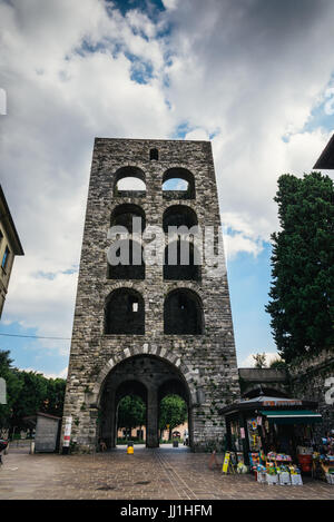 Exterior of medieval stone Porta Torre (Tower Gate) from the Piazza ...