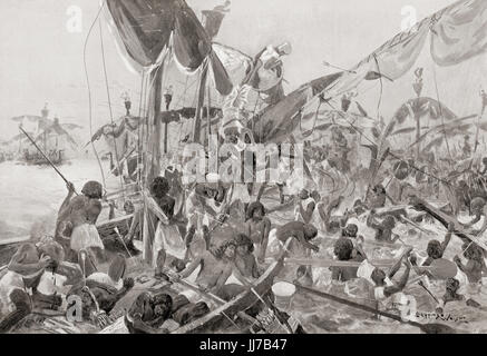 NAVAL BATTLE OF RAMSES III. WITH THE SEA PEOPLE. THE EGYPTIAN SHIPS ARE ...
