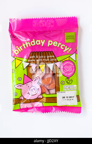 Bag of M&S Percy Pig sweets celebrating 30 years made with real fruit juice opened with contents ...