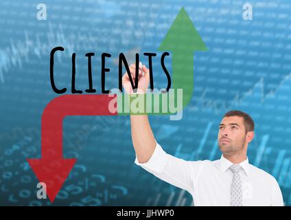 Digital composite of Red and green arrows with white business doodles ...