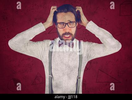 Frustrated business man against maroon background and arrow graphics ...