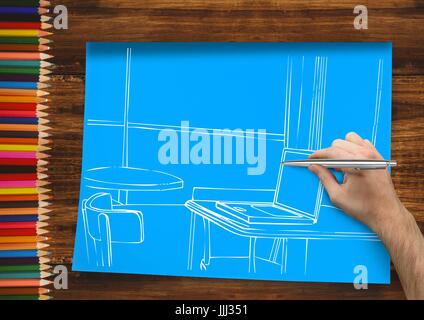 Blue color crayon hand drawing in zigzag line shape on white paper ...