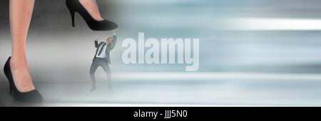 Business man being stepped on by giant feet and white interface ...