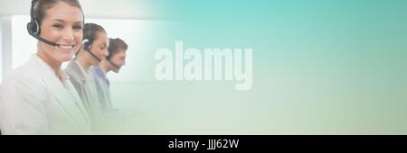 Customer service assistants with headsets with bright office background ...