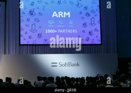Logos of SoftBank (down) and ARM (up) companies on display during the ...