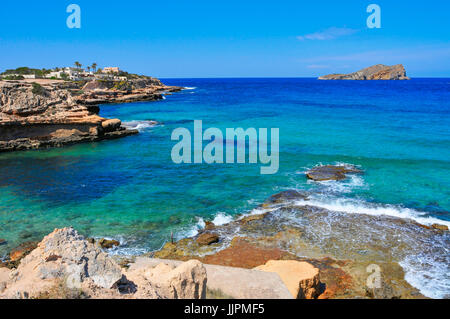 view of the cliffy coast of Sant Josep, in the South-West of Ibiza ...