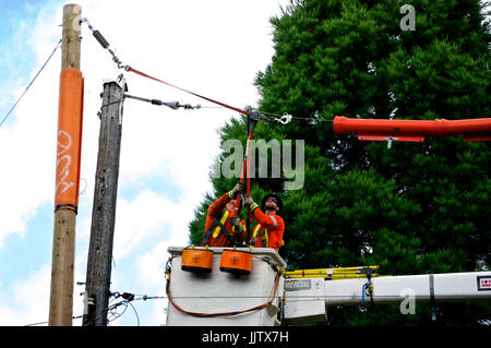 Workers replacing high voltage electricity cable on a pylon using ...