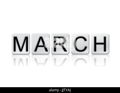 The word March concept and theme written in white tiles on a dark ...