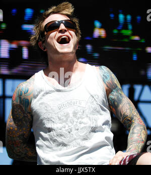 Alex Varkatzas of Atreyu performing live on stage on day 3 of Leeds ...