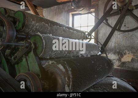 Vintage wool processing machinery inside abandoned factory Stock Photo ...