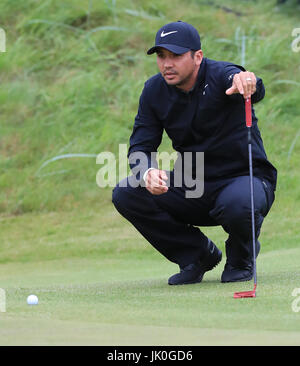 Jason Day lines up a putt on the 18th hole of the South Course at ...