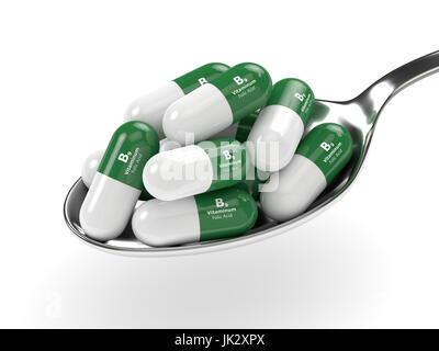 3d render of B9 folic acid pill with granules isolated over white ...