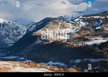 United States, Colorado, Telluride, elevated view of Mountain Village ...
