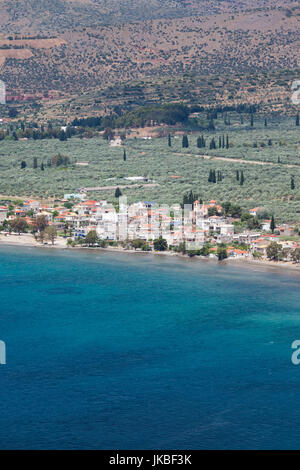 Central Greece, Itea, elevated view of town and Gulf of Corinth Stock ...