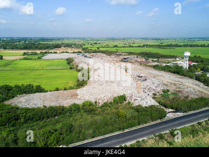 Aerial view landfill garbage waste huge dump environmental pollution ...