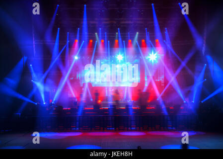 Technical preparation for the big concert indoors. Backstage Stock ...