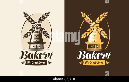 Windmill logo. Bakery logotype with wheat ears. Bakehouse symbol ...