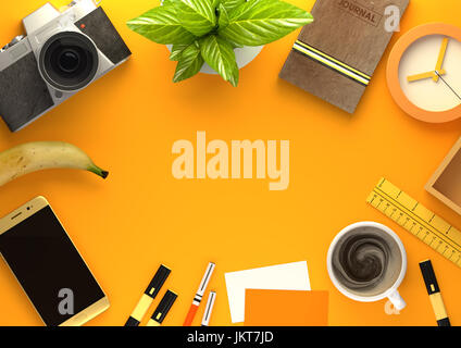 Top down view of modern work space office desk with essentials ...