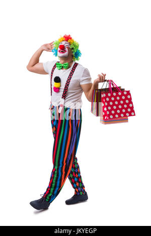 Funny clown with shopping bags isolated on white background Stock Photo ...