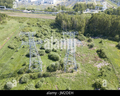 Aerial view of electricity wires pillar drone top view Stock Photo - Alamy