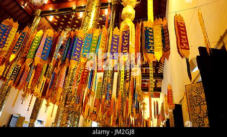 Thai decorative elements hanging for festival in main church in Wat ...