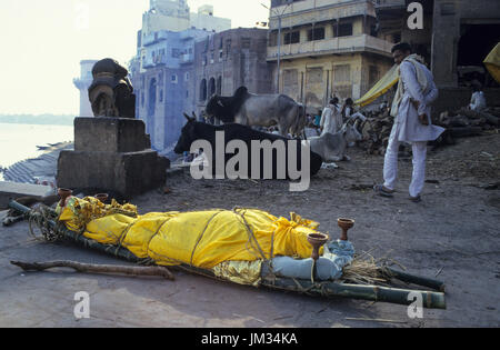 The fire of the funeral of a death body at the cremation ground on the ...