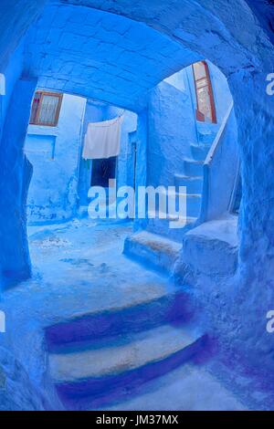 Street and building at Chefchaouen, the blue city in the Morocco. Old ...