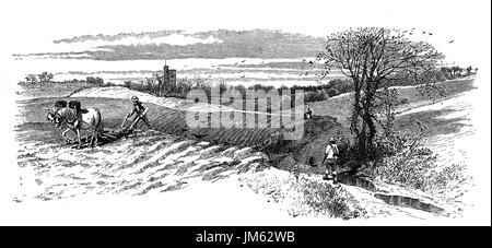 agriculture, ploughing, farmer with plough, drawing after medieval ...
