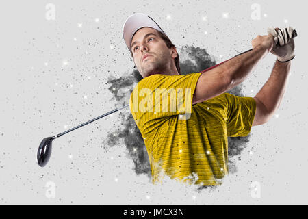 Golf Player with a yellow uniform coming out of a blast of smoke Stock ...