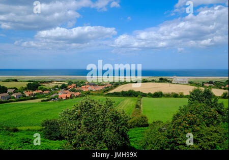 Aerial view of village of Salthouse and coastal marshes North Norfolk ...