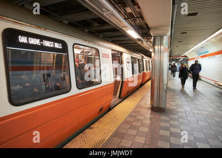 Boston Metro MBTA Orange Line stops at Oak Grove Station in Malden ...