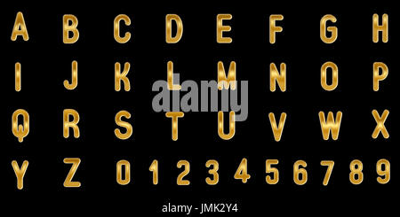 Gold capital letters and numbers on black background. 3D illustration ...
