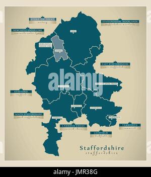 Modern Map - Staffordshire county with district captions England UK ...