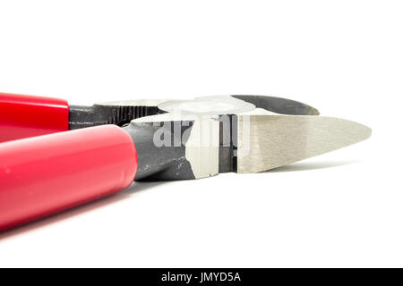 Red open and handled pliers on a white background.Tools series Stock ...