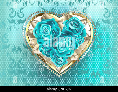 Turquoise lace background with turquoise roses, decorated with leaves ...