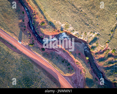 northern Colorado foothills aerial view with a network of dirt roads ...